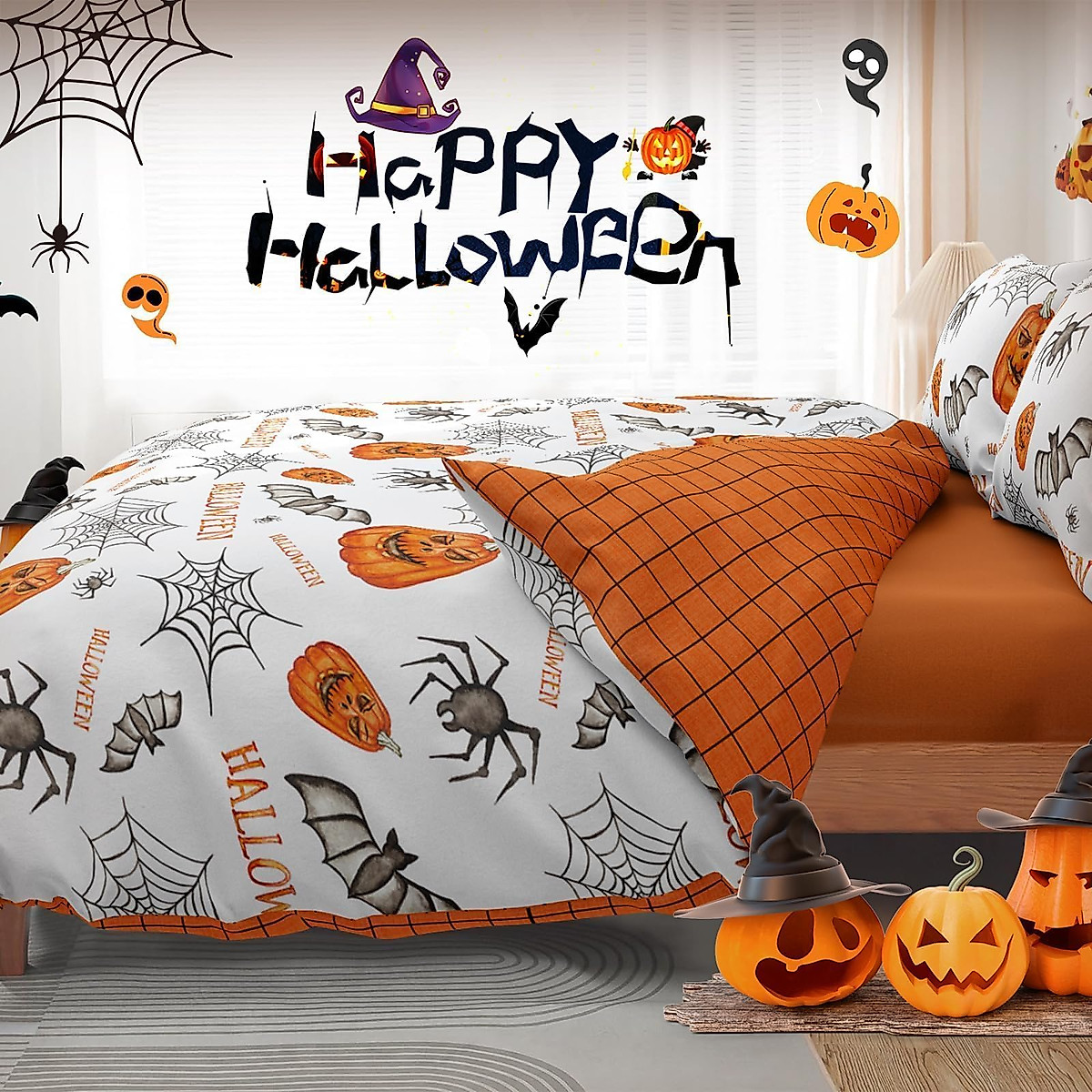 Halloween Duvet Cover Set Queen Fall Pumpkin Spider Cobweb Bat Pattern Duvet Cover, 3 Piece Halloween Themed Bedding Set with Pillowcases, Soft Microfiber Festival Room Decor for Teens Kids(90''x90'')