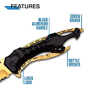 MTech USA – Spring Assisted Folding Knife – Partially Serrated Gold TiNite Coated Stainless Steel Blade, Black Aluminum Handle, Pocket Clip, Tactical, EDC, Self Defense- MT-A705BG