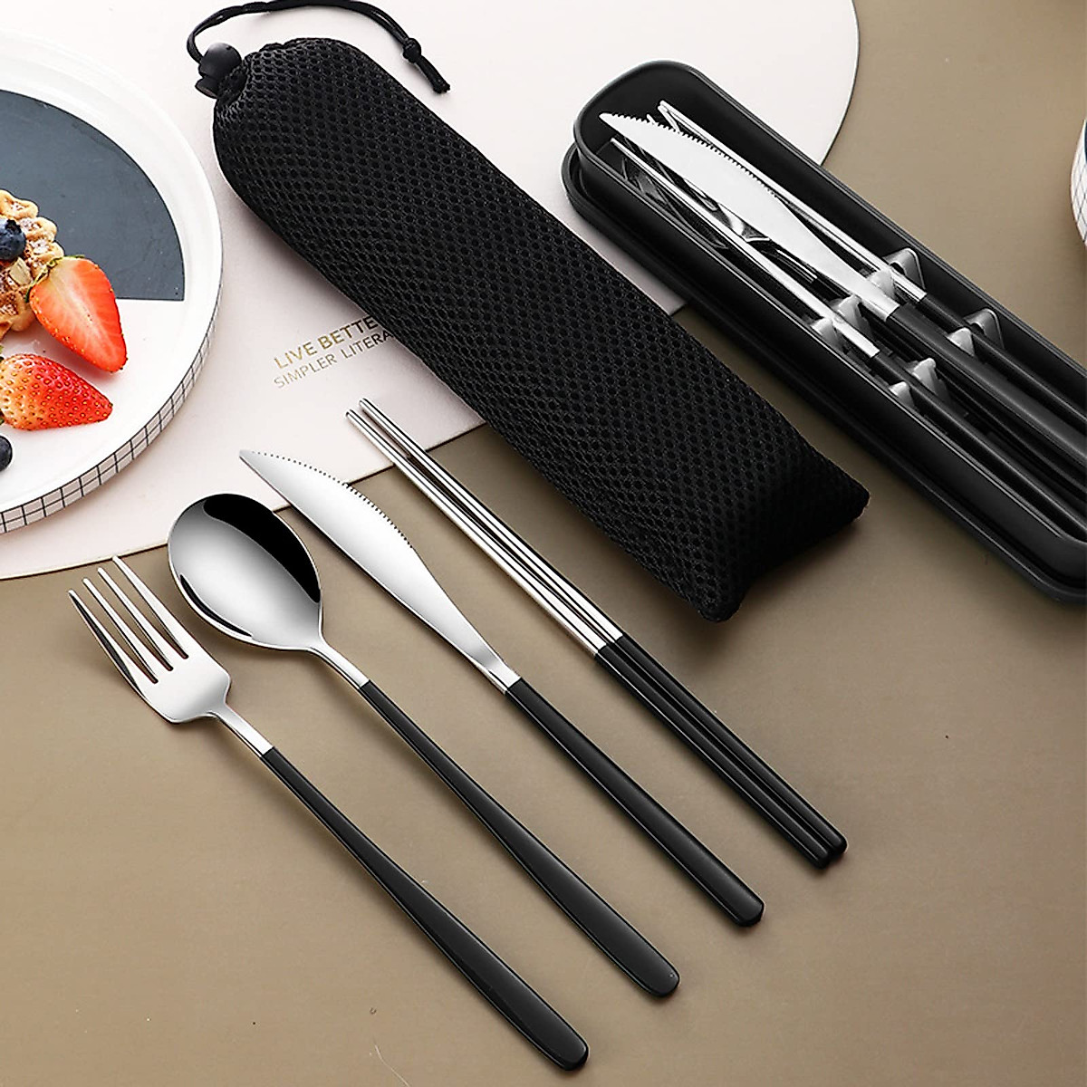 VANRA 4-Piece Portable Travel Utensils Set with Case 18/8 Stainless Steel Flatware Set Reusable Cutlery Set with Fork Spoon Knife Chopstick for Lunch Travel Camping School Work Picnic (Black)