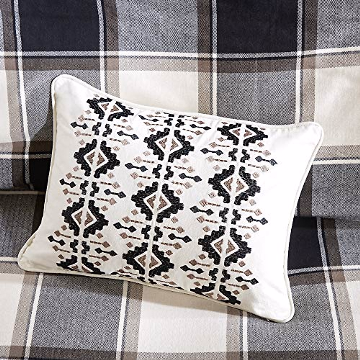 MADISON PARK SIGNATURE Cozy Comforter Set - All Season Bedding Combo Filled Insert and Removable Duvet Cover, Shams, Decorative Pillows, Plaid Brown/Black King (110 in x 96 in) 10 Piece