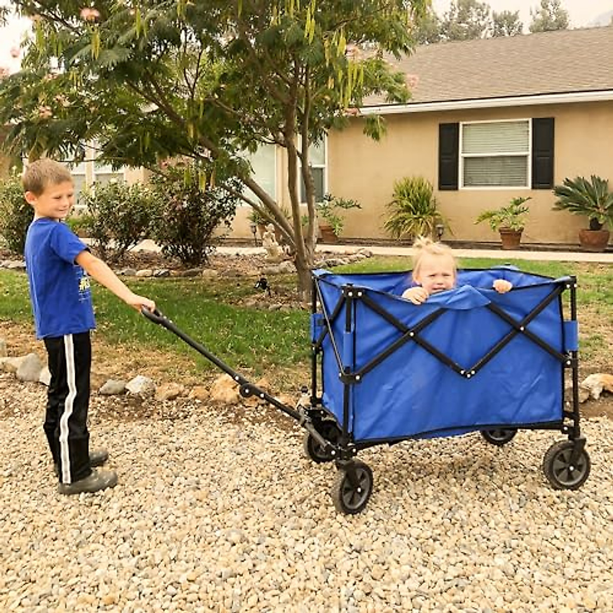 Sunjoy Collapsible Wagon with 255L Large Capacity, Utility Foldable Wagon Cart, Heavy Duty Beach Wagon with Big Wheels, Portable Garden Cart for Camping Fishing Sports Shopping, Blue