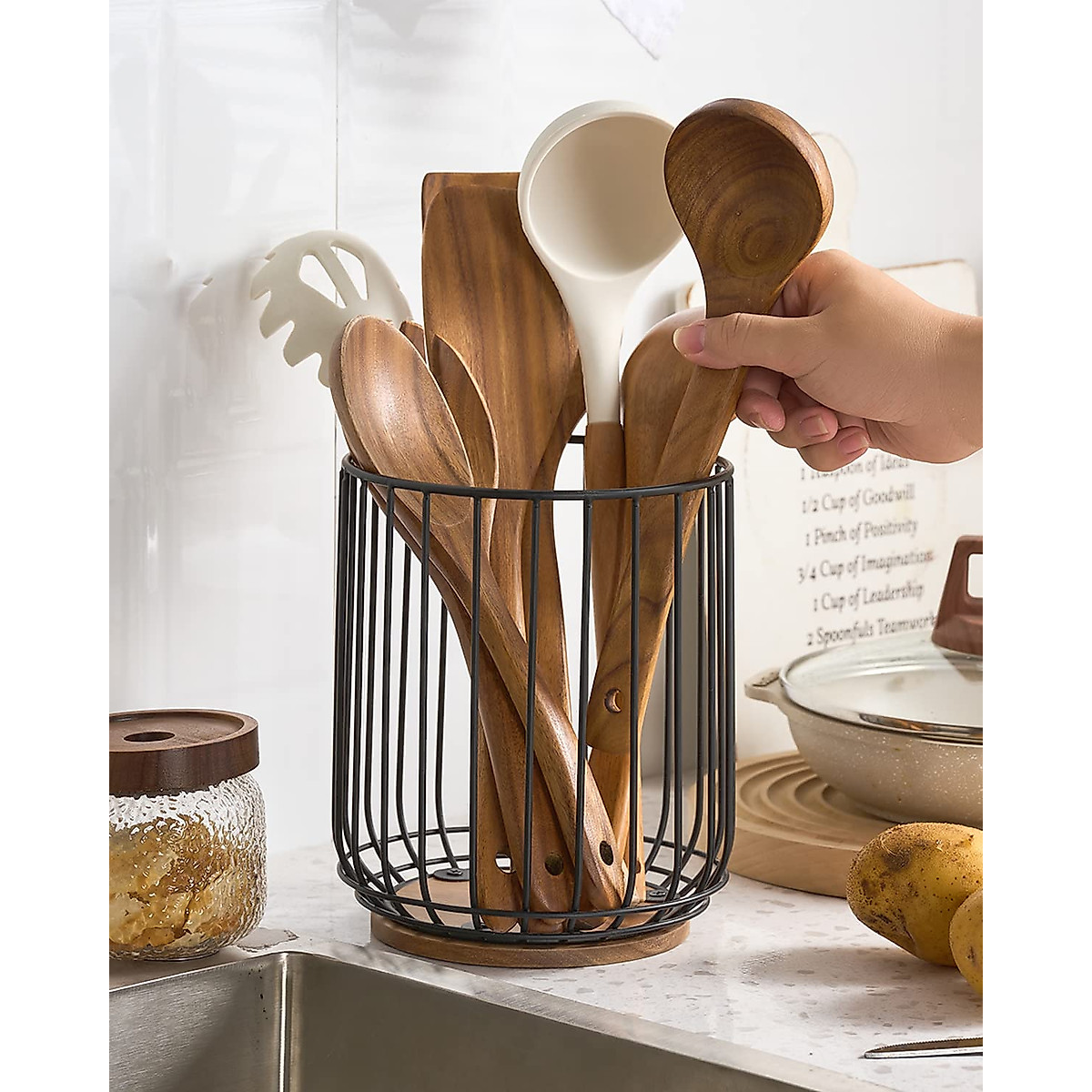 getstar Kitchen Utensil Holder, Large Wire Utensil Holder for Kitchen Counter (W6.2” x H7.5”) with Acacia Base