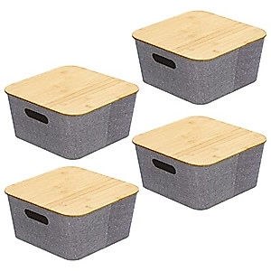 mDesign Fabric Basket with Lid - Stacking Decorative Storage Bin Box with Bamboo Lid Cover for Closet, Bedroom, Living Room or Office - Holds Clothing, Linens, and Accessories, 4 Pack, Navy Blue