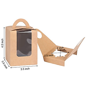 Moretoes 60 Pcs Individual Cupcake Boxes, Brown Single Cupcake Boxes with Window Inserts and Handle, Kraft Cupcake Containers Bulk for Bakery Wrapping Party Favor Packing
