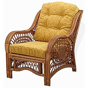 SK New Interiors Malibu Lounge Living Accent Armchair Natural Rattan Wicker Handmade Design with Light Brown Cushion, Colonial