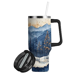 Selerdon 40 oz Tumbler Winter Forest with Handle and Straw Lid Vacuum Stainless Steel Insulated Water Bottle Travel Mug Car Cup Holder Friendly BPA Free for Gym Travel Office