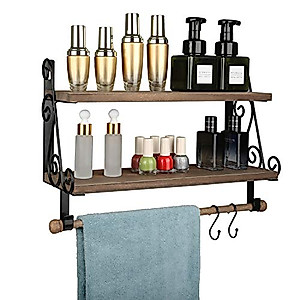 Halcent Floating Shelves Wall Mounted Storage Shelves, 2-Tier Rustic Farmhouse Wood Wall Shelf Kitchen Spice Rack Bathroom Shelf with Towel Bar and 8 Hooks