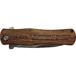 PawPaw - to the world you're one person but to us you are the world Stainless Steel Folding Pocket Knife with Clip, Wood