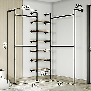 HKaikzo Industrial Pipe Clothes Rack, DÉCOR Wall Mounted Clothing Rack, for Walk-in Wardrobe Multi-Purpose Storage Clothes Hanging Shelf, 2 Installation Methods