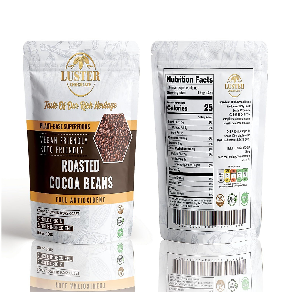 Luster Chocolate Roasted Cocoa Beans 100 g Chocolatey Flavor from Organic Cacao Beans - Non GMO & Gluten Free
