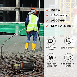 Seeutek Hand Held Electric Concrete Vibrator Motor 1500W 16000 RPM Portable Construction Insertion Vibrator Remove Air Bubbles and Level Concrete with 4.5 M (14-3/4feet) Long Shaft
