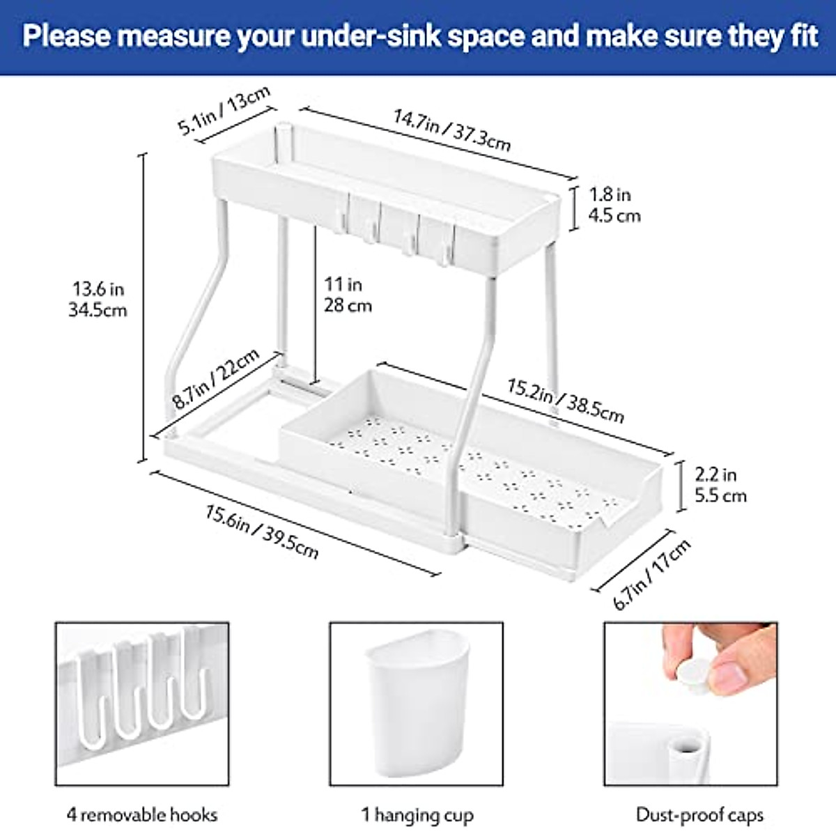 Puricon 2 Pack Under Sink Organizer, 2-Tier L-Shape Sliding Under Sink Organizers and Storage, Under Counter Storage Organizer Pull Out Under Sink Storage for Kitchen Bathroom -White