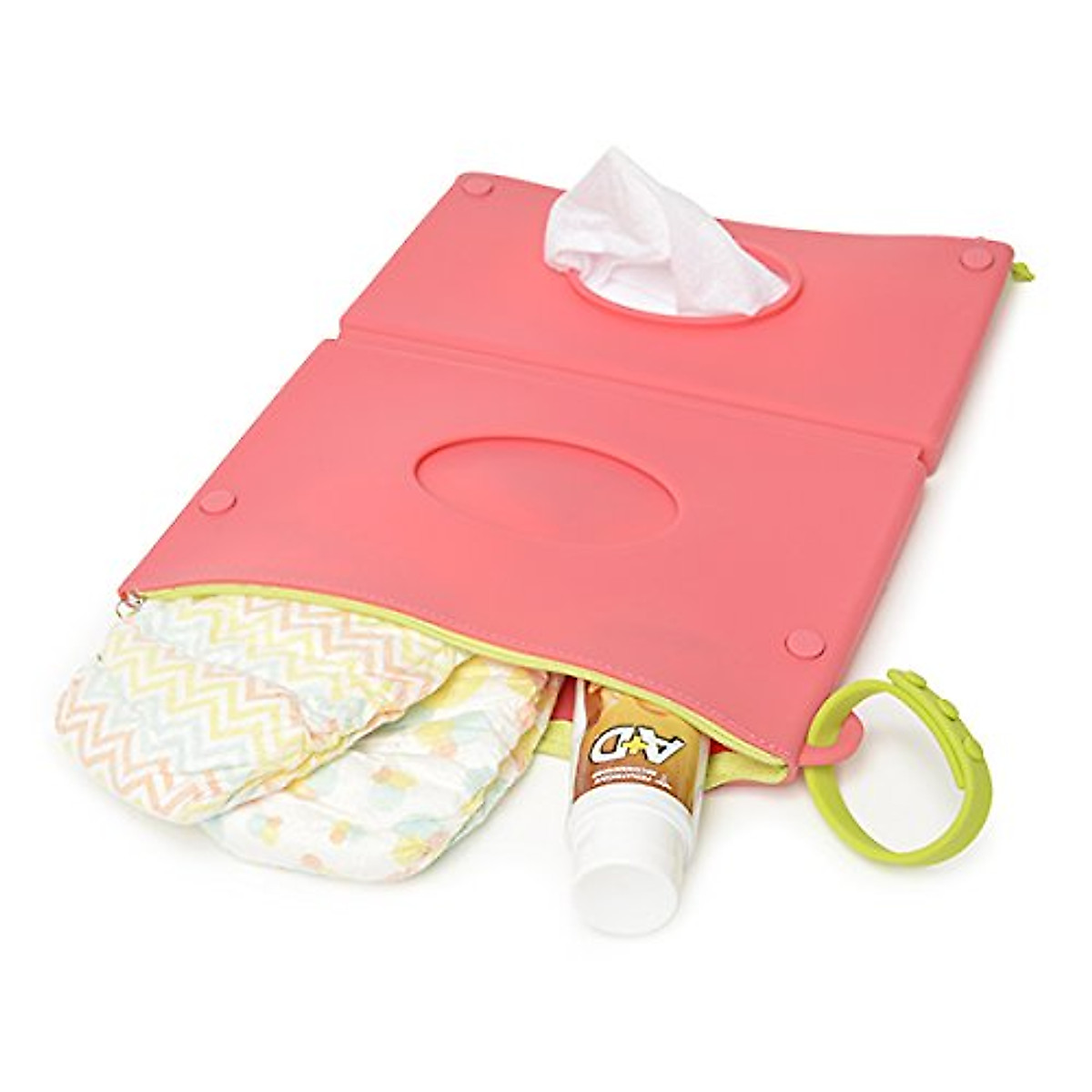 Chewbeads Silicone Wipes Clutch Case - 100% Silicone Baby Wipes Case - Refillable and Portable Wipes Dispenser with Wrist Strap - Bright Pink