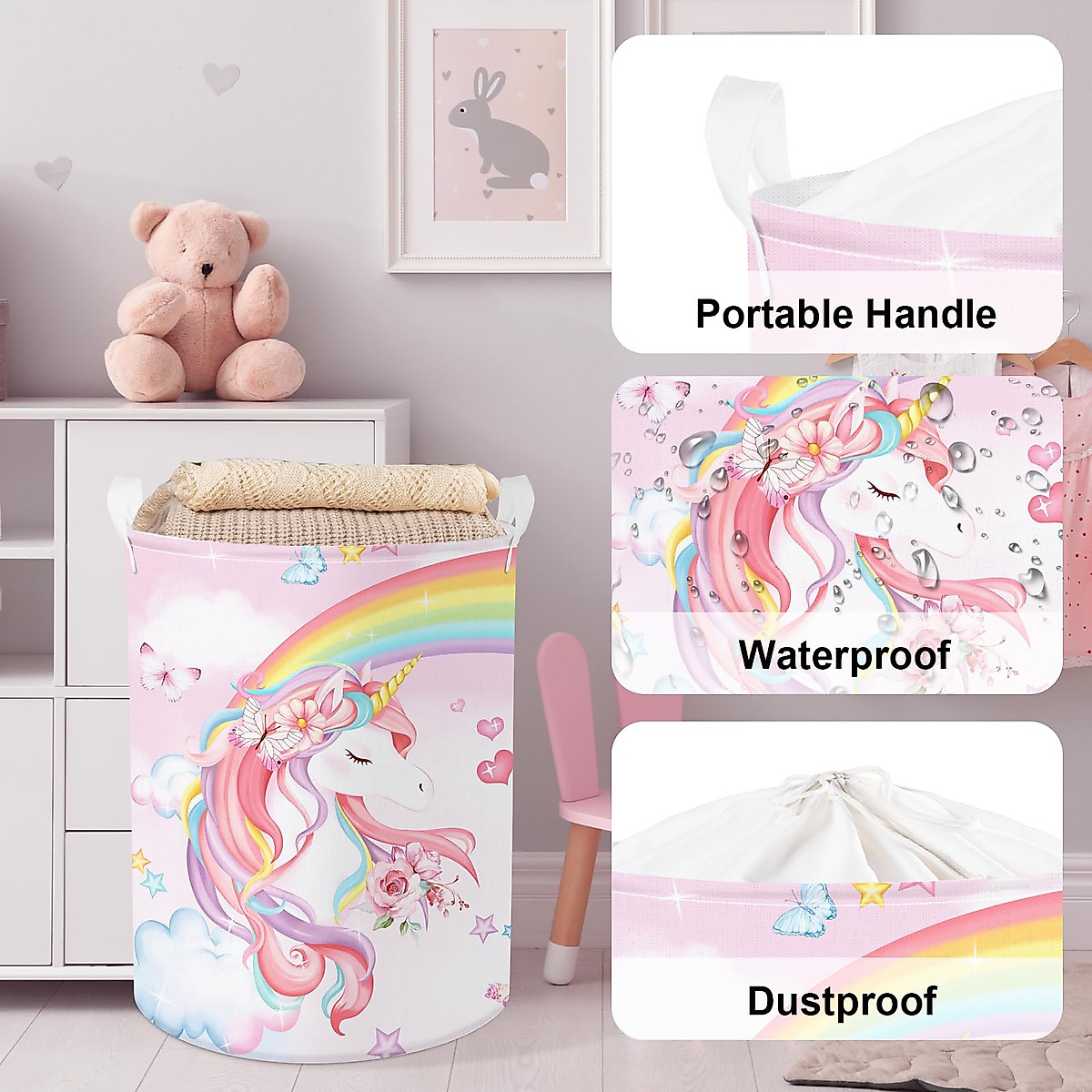 Clastyle Large Rainbow Unicorn Kid Laundry Hamper for Girl Collapsible Pink Flower Clothes Toy Storage Basket with Lid for Nursery