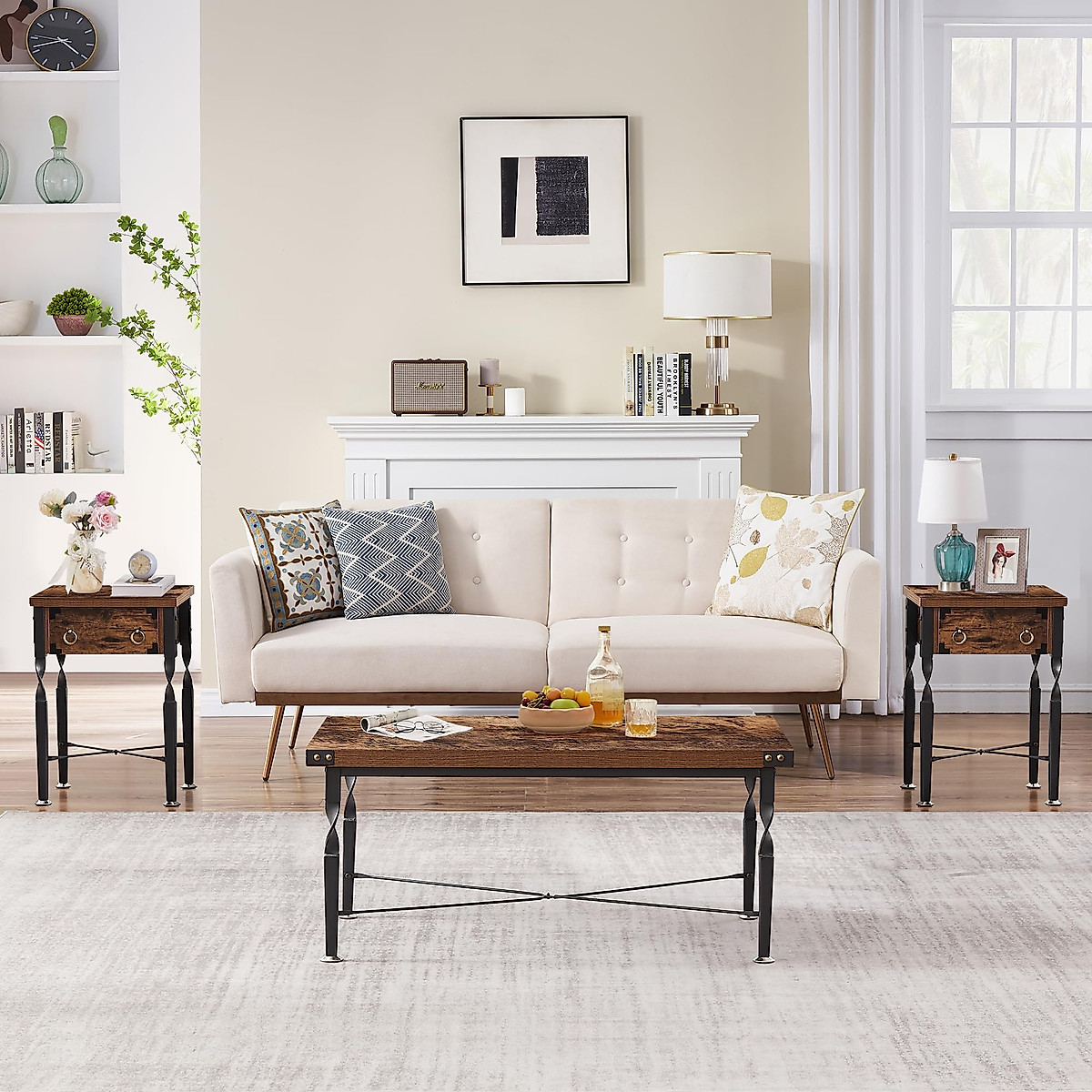 VECELO 3 Pieces Coffee/End/Side Table Set with Storage Drawers for Living Room, Office, Industrial Metal Frame, Easy Assembly, 41.3 in, One+Two, Rustic Brown