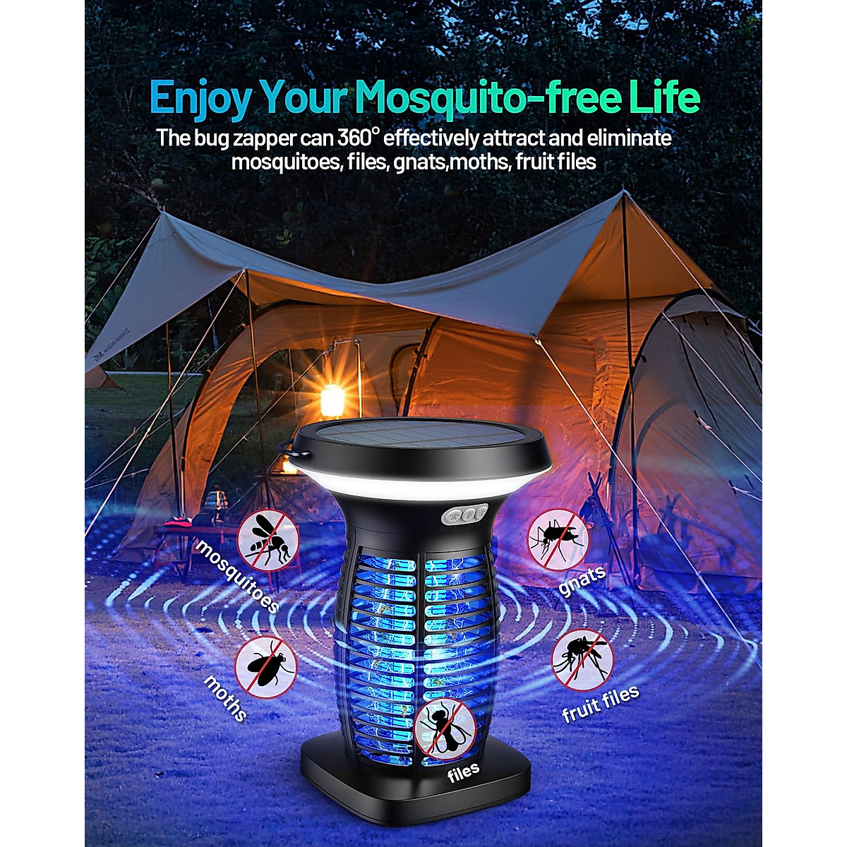 Solar Bug Zapper Outdoor, Mosquito Zapper Indoor Outdoor, Electric Fly Zapper with Camping Lantern, Waterproof Mosquito Traps, Cordless Mosquito Killer Lamp for Patio, Backyard, Home, Balcony