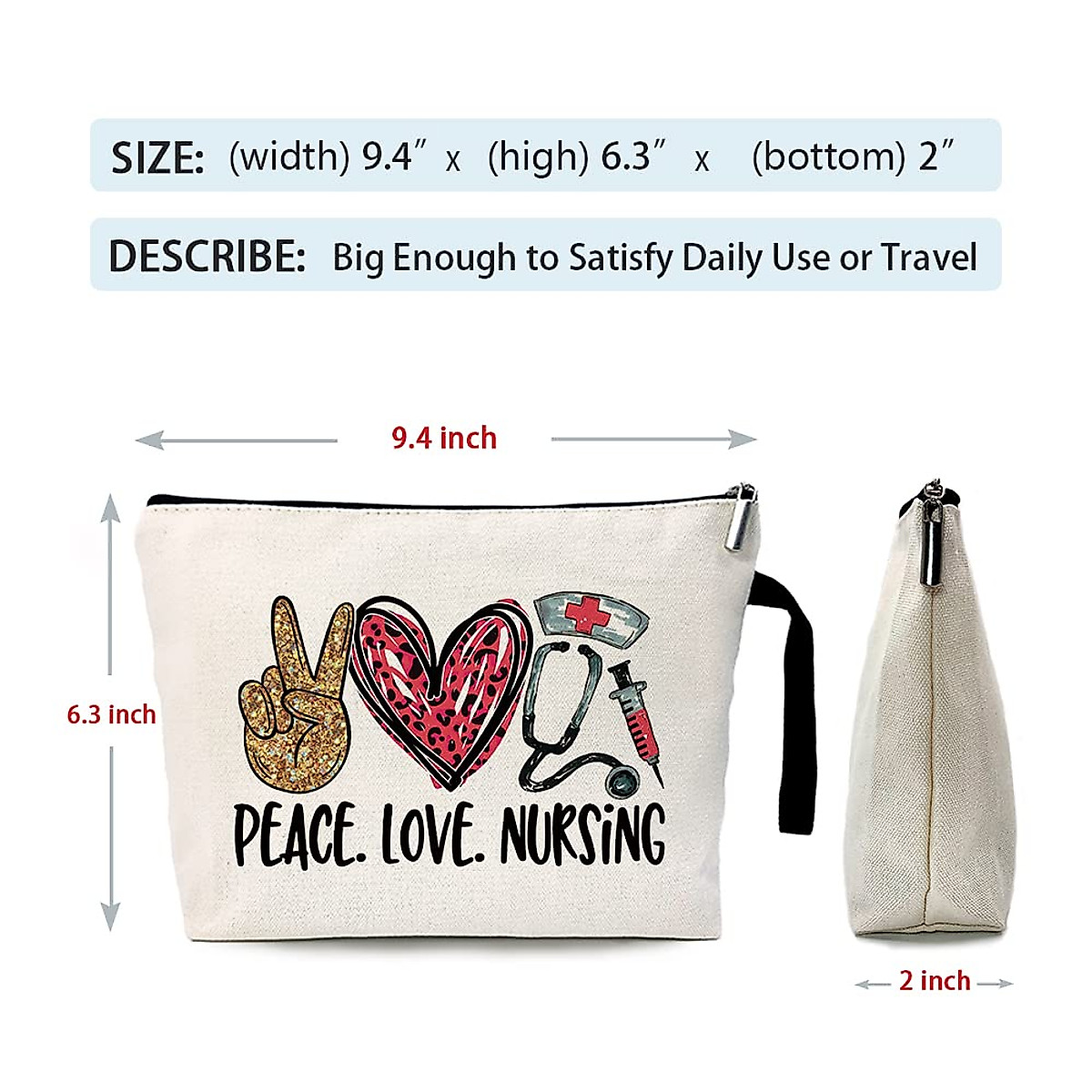 ZHANTUONE Peace Love Nursing Cosmetic Bag, Gift Best Thank You Gift for a Nurse，Nursing School Graduation Gift, Nursing Practitioner Gift, Nursing Teacher Birthday Gift，Gift for Nurse, Christmas gift