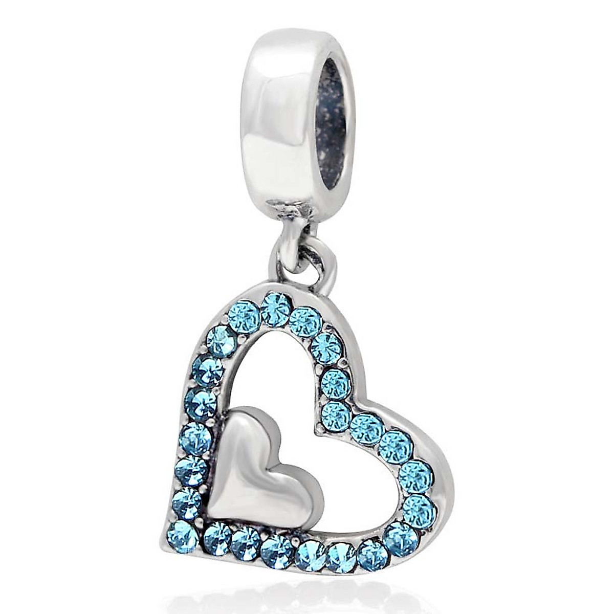 Heart Charm with Crystal Charm 925 Sterling Silver Dangle Charm Love Charm for Pandora Bracelet (Light Blue)