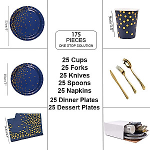 175PCS Disposable Cutlery Set for 25 Guests Blue and Gold Party Cutlery Set Includes Dinner Plate Salad Plate Napkin Cup Knife Fork Spoon for Birthday Party Wedding