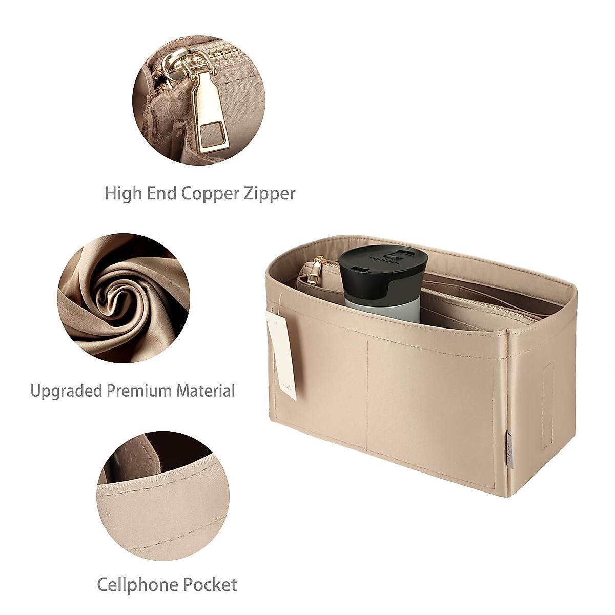 Purse Organizer Insert For Handbags, Purse Organizer With Zipper, Neverfull Organizer, Bag Organizer For Speedy Neverfull ONTHEGO Tote, Handbag and More (Silky Beige, Medium)