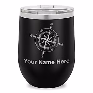 LaserGram Double Wall Stainless Steel Wine Glass Tumbler, Compass Rose, Personalized Engraving Included (Black)