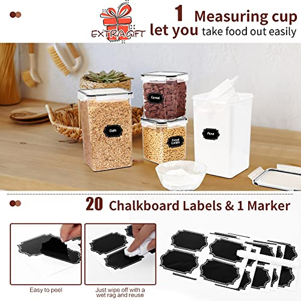 Skroam Large Airtight Food Storage Containers with Lids, 10 Pack Cereal Containers Storage Set - BPA Free Pantry Organization and Storage for Flour, Sugar & Rice with Measuring Cup, Labels & Marker