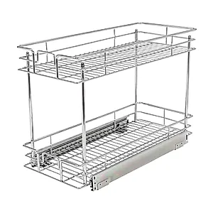 KarweuSu 2-Tier Kitchen Cabinet Pull Out Shelf and Drawer Organizer, Slide Out Pantry Storage Basket in Multiple Sizes, Pull Out Cabinet Organizer for Kitchen (Silver-10.5" W X 21.5" D)