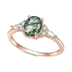 Women Gifts Natural Oval Green Moss Agate Rose Gold Engagement Ring Sterling Silver Women's Gold Rings Moss Agate Jewelry(Size8)