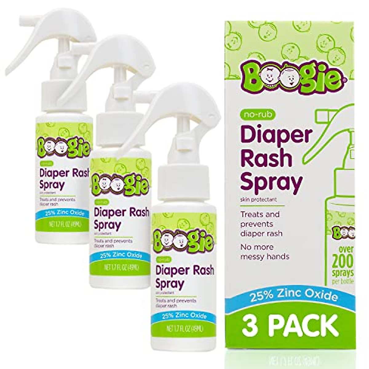 Baby Diaper Rash Cream Spray by Boogie Bottoms, No-Rub Touch Free Application for Sensitive Skin, Over 200 Sprays per Bottle, 1.7 oz, Pack of 3