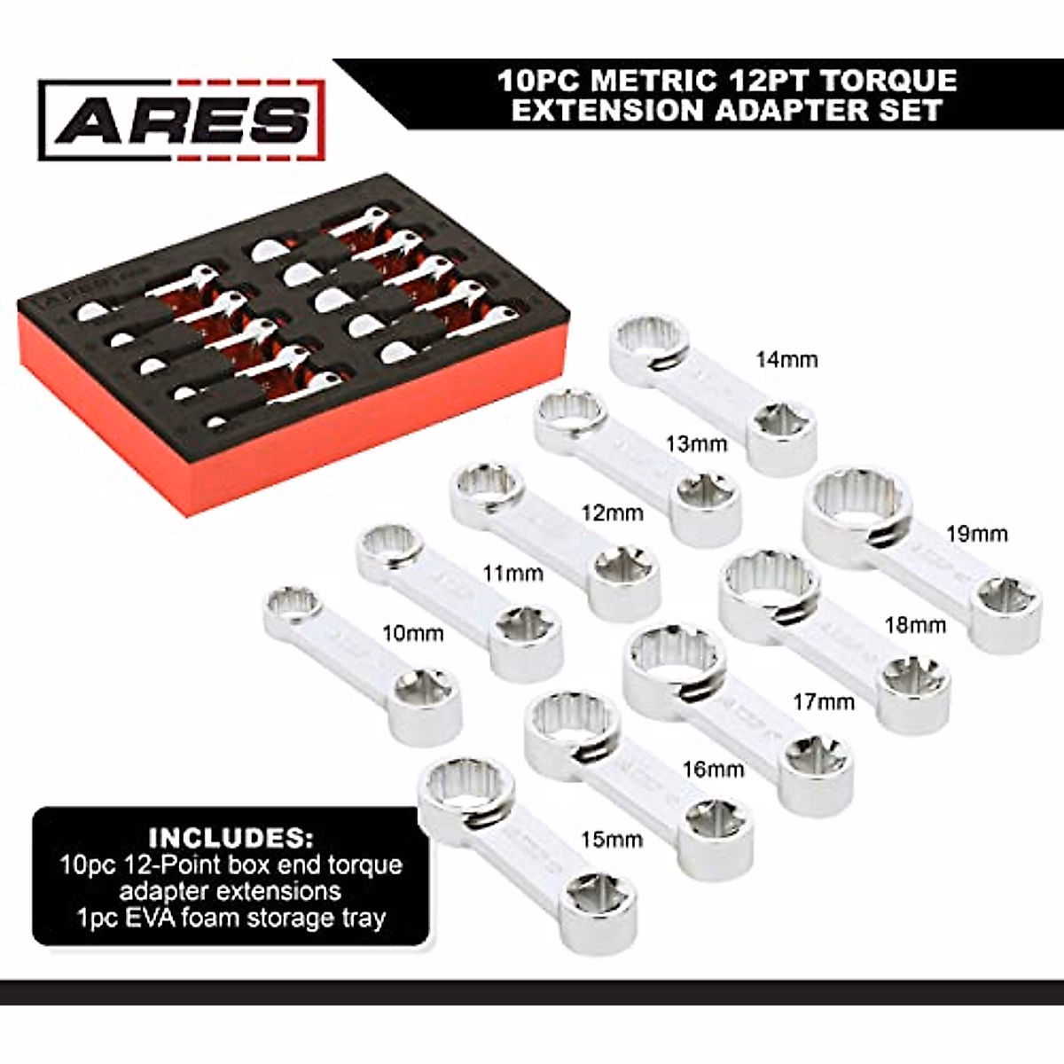 ARES 43036 – 10-Piece Metric 12-Point Box End Torque Adapter Extension Set – 3/8-Inch Drive - Extensions for Torquing in Hard to Reach Places – Chrome Vanadium Steel Construction – EVA Foam Tray