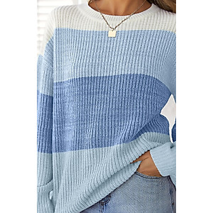 ZESICA Women's Casual Fall Long Sleeve Crew Neck Striped Color Block Loose Fit Soft Knit Oversized Sweaters Pullover Tops,Blue,Large