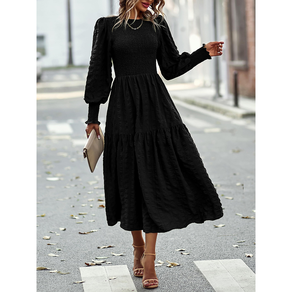 PRETTYGARDEN Women 2024 Puff Long Sleeve Crewneck Smocked Maxi Dress Solid Empire Waist Tiered A-line Swing Flowy Long Dress(Black,Medium)
