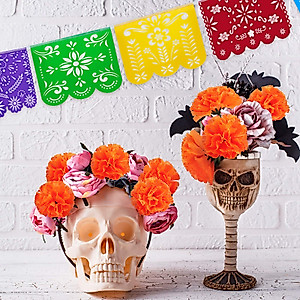 WILLBOND 74 Pieces Faux Marigold Flower Mexican Banners Mexican Party Decoration Plastic Papel Picado Banner Day of The Dead Decor for Mexican Party Papel Picado Fiesta (Orange)