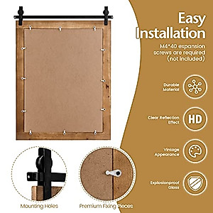 Tangkula Farmhouse Wall Mirror, Rustic Hanging Bathroom Mirror with Wood Frame and Metal Bracket, Wall Mounted Barn Door Style Decor Mirror for Living Room Bathroom, 22 x 30 Inch