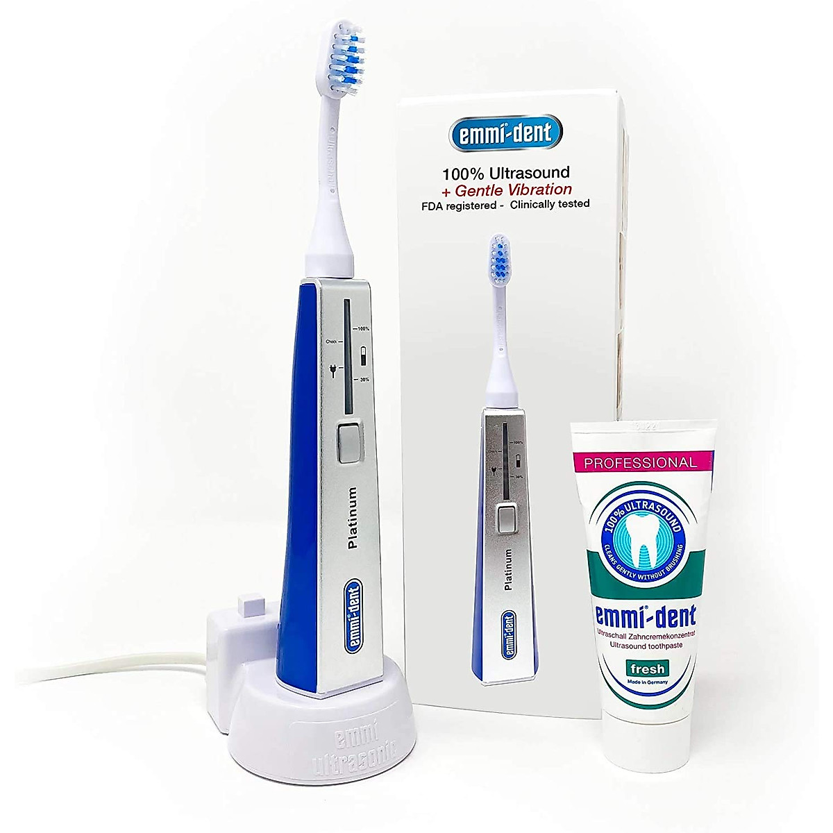 Emmi-dent Electric Ultrasonic Toothbrush Set with Gentle 100% Ultrasound Cleaning Technology. Ideal for Sensitive Teeth & Gums, Plaque Removal and More! Includes Nano-Bubble Toothpaste. Rechargeable.