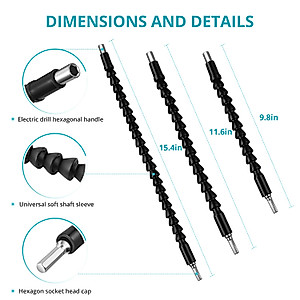 3 Pcs Flexible Drill Bit Extension, Universal Soft Shaft, Magnetic Hex Screwdriver Extension for Hand Drill Multi, Adaptor Size Hexagon 1/4", Black