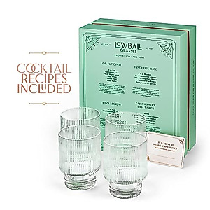 GLASSIQUE CADEAU Vintage Art Deco Ribbed Lowball Cocktail Glasses | Set of 4 | 12 oz Crystal Double Old Fashioned Tumblers for Drinking Classic Whiskey, Gin, Vodka Bar Drinks | Round Glassware