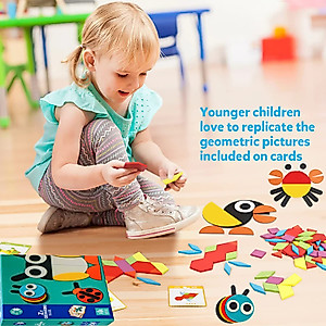 BLATOMY Wooden Pattern Blocks, Jigsaw Puzzle Montessori Toys Geometric Shapes Blocks, Tangram Montessori Toys for Kids, 29 Shape Puzzles and 20 Pattern, Early Learning Toys for 3+ Years Old