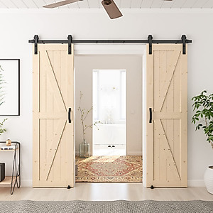 SMARTSTANDARD 24in x 84in Double Barn Door with 8ft Sliding Barn Door Hardware Kit & Handle, Pre-Drilled Ready to Assemble, DIY Unfinished Solid Spruce Wood Panelled Slab, K-Frame