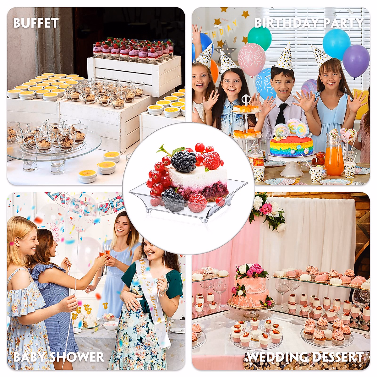 300 Pcs 1 oz Mini Dessert Plates Square Plastic Salad Plate Disposable Clear Plates for Tasting Exquisite Party Serving Trays for Appetizers Chocolates Ice Cream Fruit and More, 2.4 x 2.4 Inch