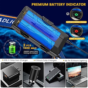 Elmchee Rechargeable Headlamp 8 Led Head Lamp 18000 Lumen Ultra-Bright, 16 Modes Adjustable Motion Sensor Headlight with Red Light, Waterproof Head Flashlight for Outdoor Hiking Camping