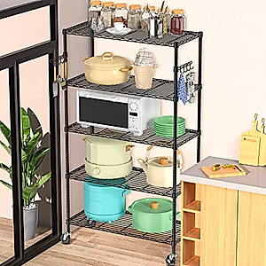 5 Tier Storage Shelves with Wheels - Metal Shelves for Storage Heavy Duty Adjustable Wire Shelving Unit Storage Shelf Organizer Storage Rack for Kitchen Garage Pantry Closet Laundry(36L x 14W x 75H)