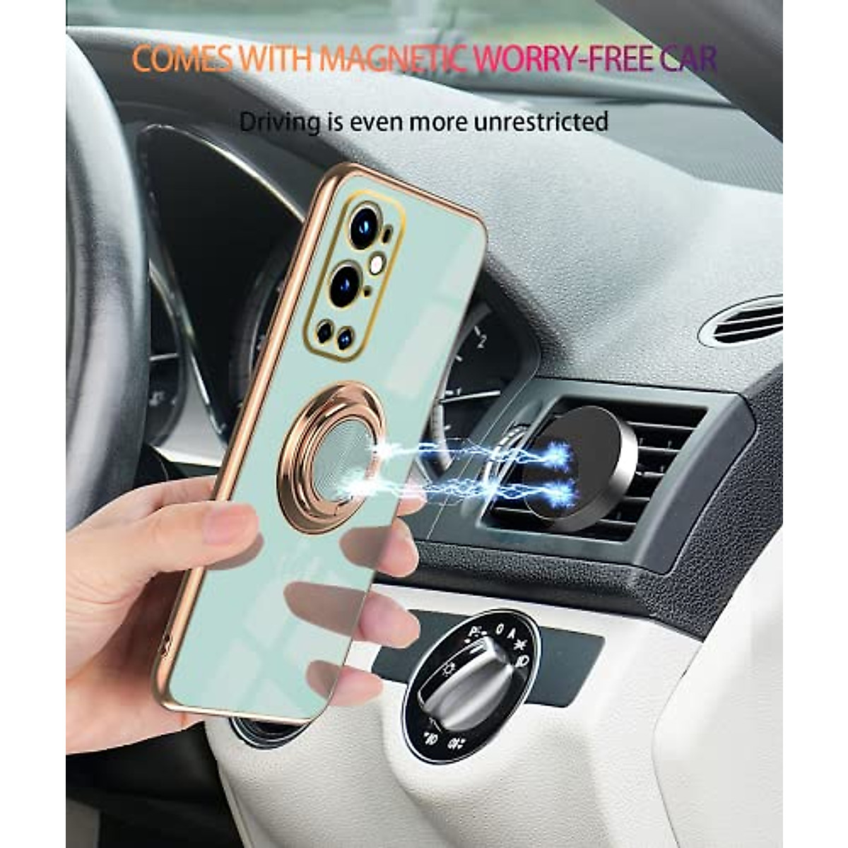 Jancyu Compatible with Oneplus 9 Pro case, Phone Cases for Oneplus 9 Pro with Ring Holder, 360 Degrees Protective Silicone Magnetic Car Holder (Green)