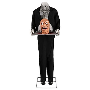 Fun Costumes 5ft Black Head on a Platter Butler Animated Outdoor Decoration, Zombie Maid Light-Up Eyes Adjustable Volume Decor Standard