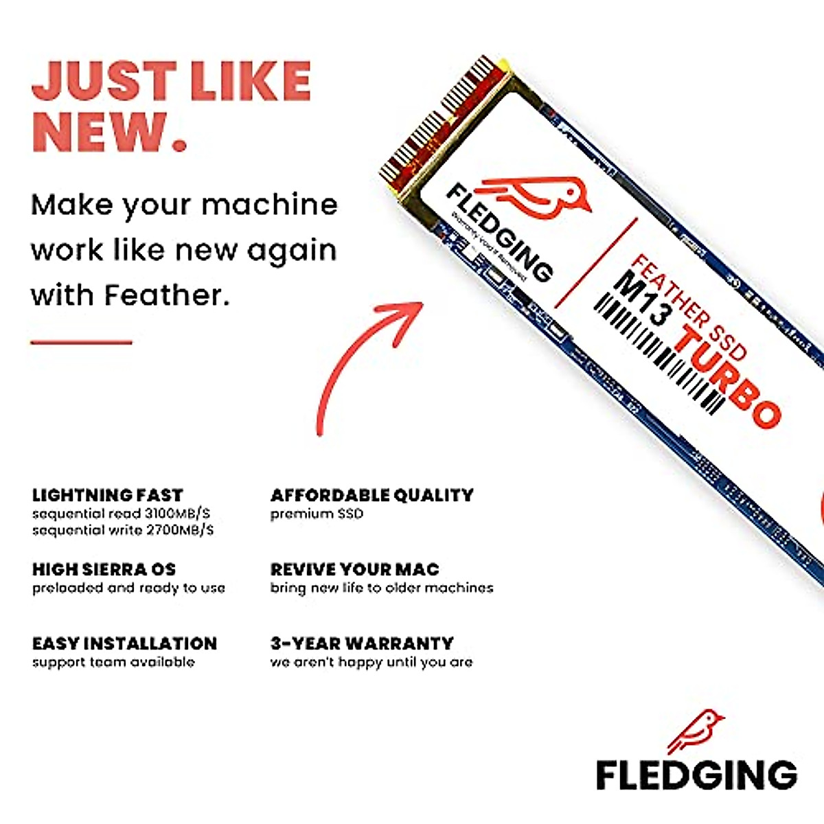 Fledging 2TB Turbo Feather M13 PCIe NVMe Gen 3.0x4 SSD Upgrade –DIY kit & OS Included– Compatible with Apple MacBook Air (2013-2015) & Pro (2013-2016), Mac Mini (2013) & Pro (2014), iMac (2013-2019)