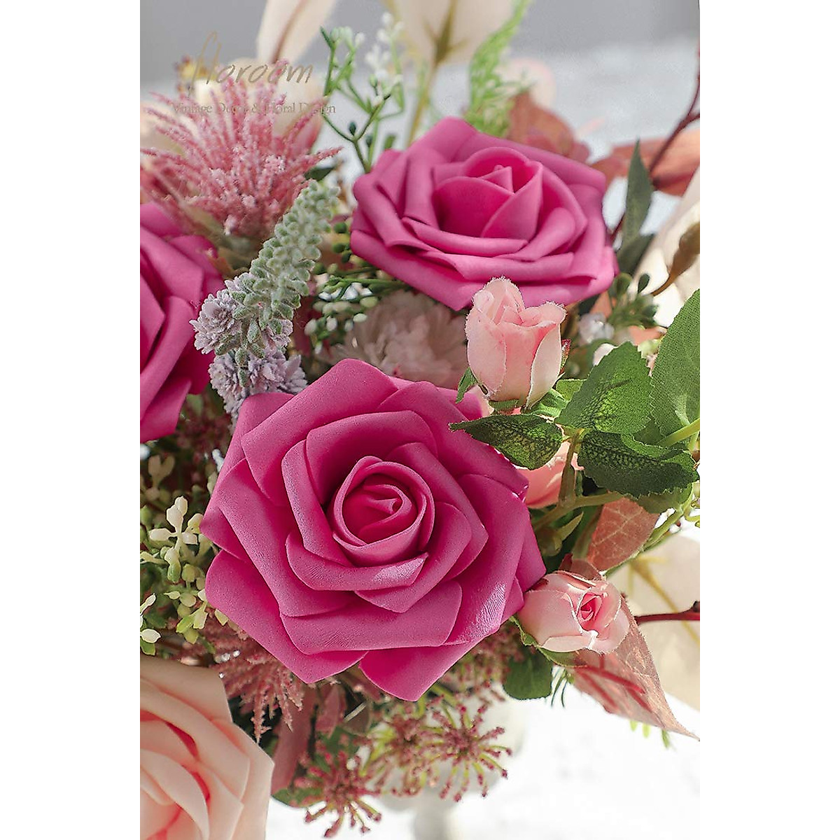 Floroom Artificial Flowers 50pcs Real Looking Hot Pink Foam Fake Roses with Stems for DIY Wedding Bouquets Baby Shower Centerpieces Floral Arrangements Party Tables Home Decorations