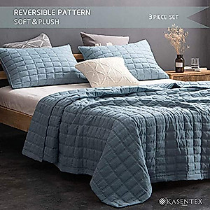 Kasentex Quilt-Bedding-Coverlet-Blanket-Set, Machine Washable, Ultra Soft, Lightweight, Stone-Washed, Detailed Stitching-Solid Color, Single/Twin + 2 Shams, Grey Blue