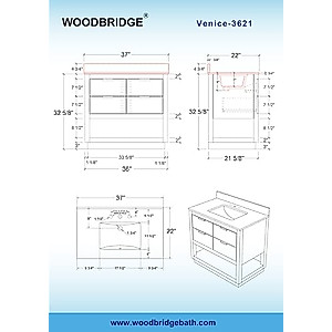 Woodbridge Venice-3621-Grey-G+ CAVT3722-8 Vanity with top, 37"x22", Grey with Gold Trim