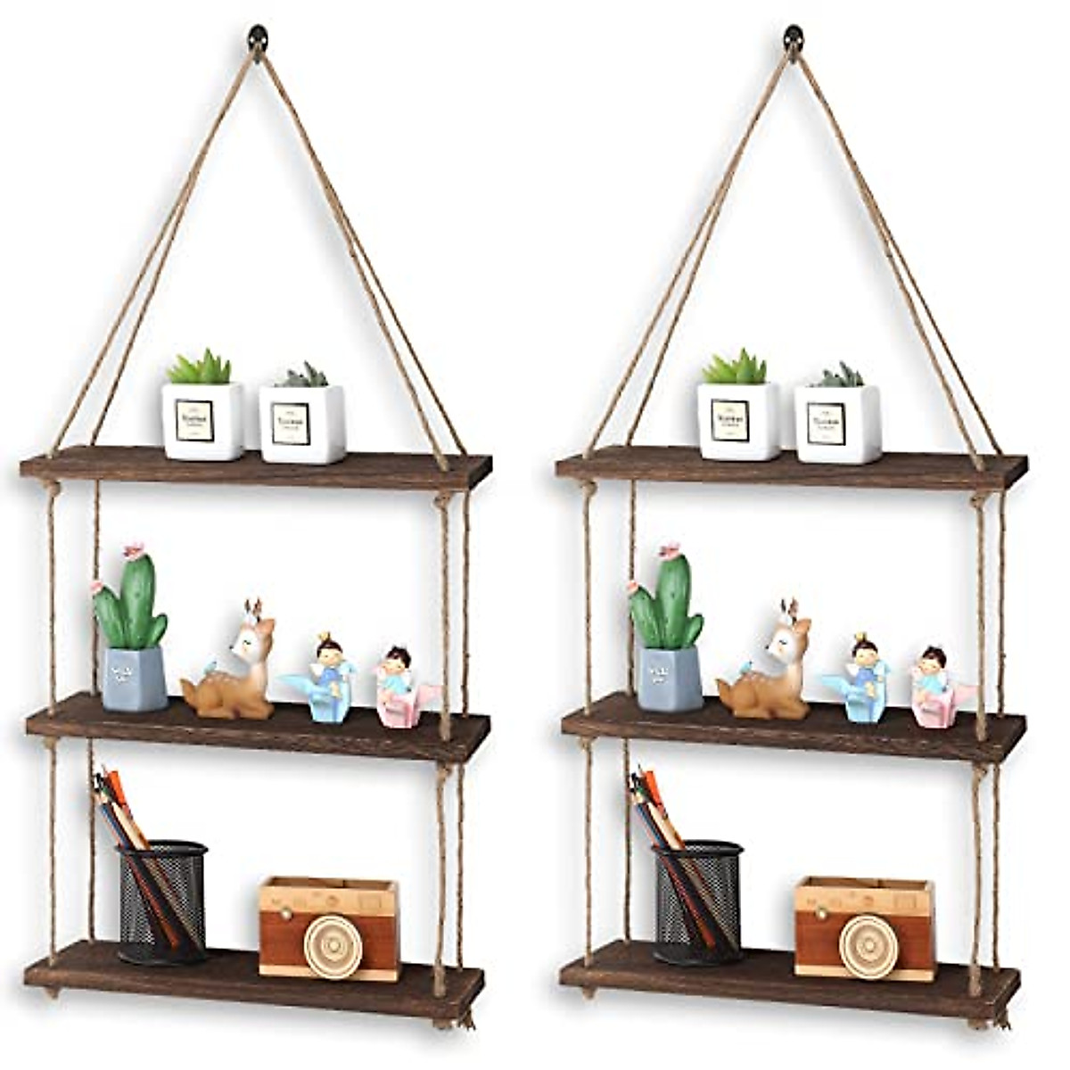 2 Sets Hanging Shelves for Wall 3 Tier Antique Wood Floating Hanging Shelf with Ropes Window Plant Shelves Rustic Storage Rack Wooden Floating Small Bookshelves for Bedroom Living Room Bathroom Decor