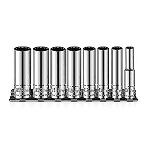 pgroup 1/4 Inch Drive Socket Set - 8 Piece Metric 12-Point Deep Socket Set (6mm, 7mm, 8mm, 9mm, 10mm, 11mm, 12mm, 13mm)- Cr-V Steel with Sturdy Holder - 50BV30
